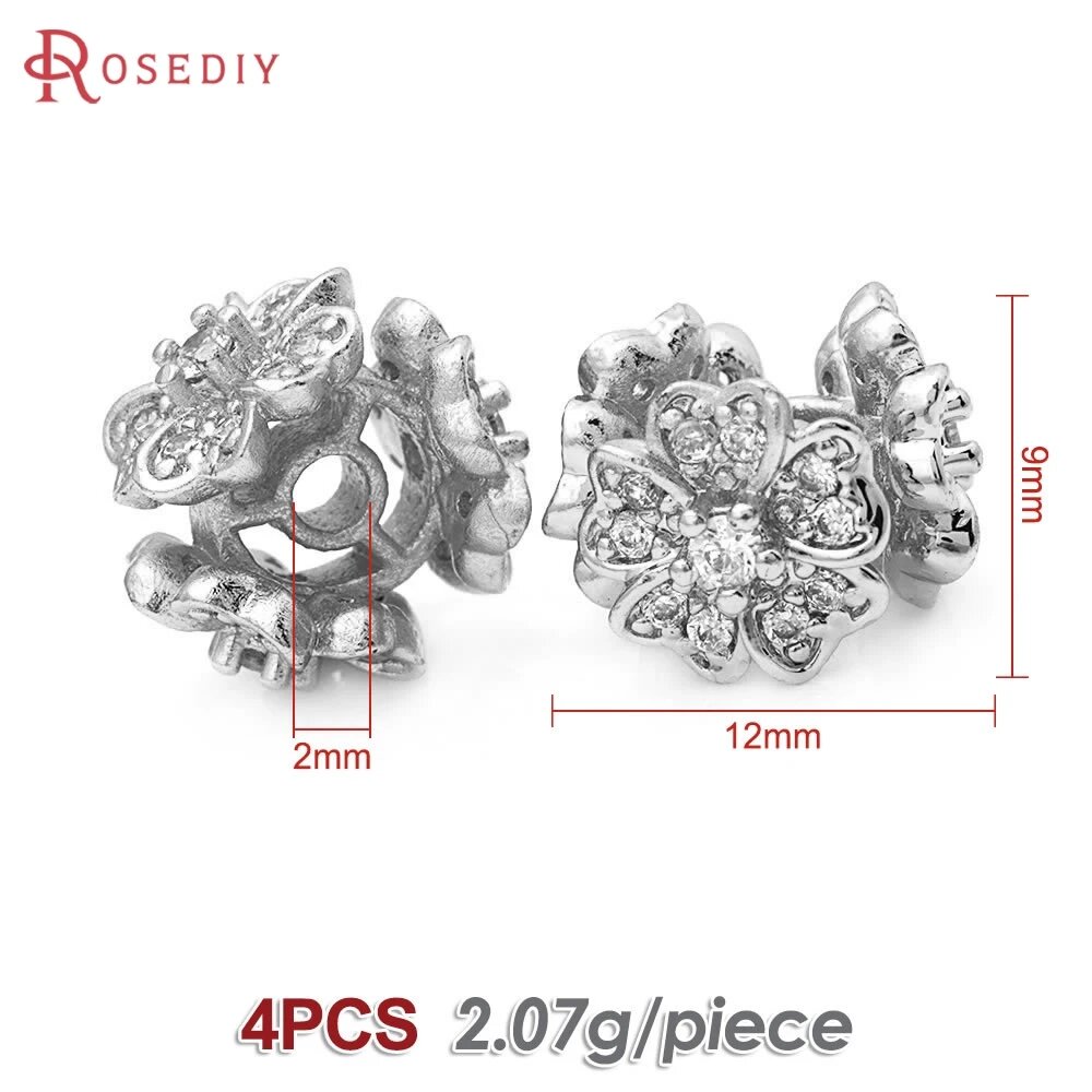 Бусины-разделители латунные с цирконием цветок серебристого цвета 52046-Platinum Color