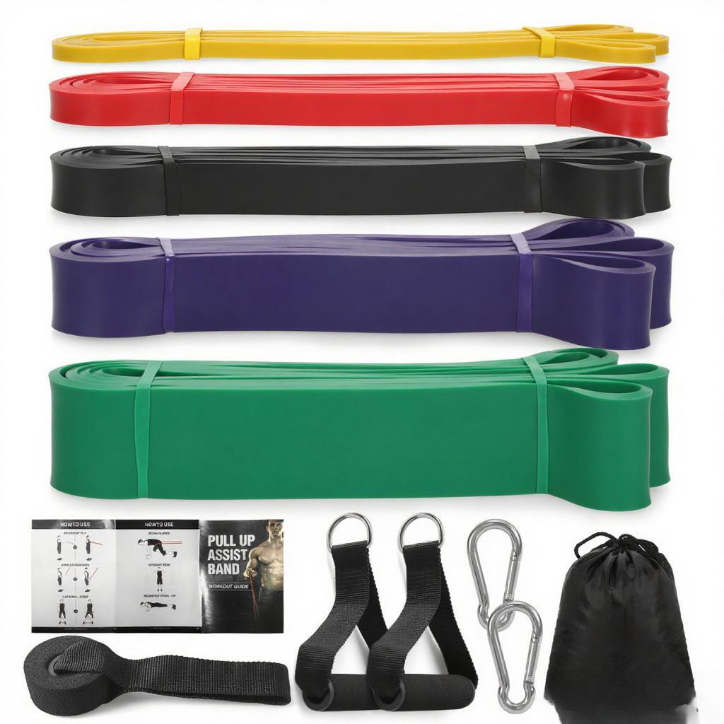 5 упаковок Набор резистентных ленточек для подтягиваний с петлями, анкером для двери, пенопластовыми ручками, крюками и сумкой для переноски, материал натуральный латекс, окружность 208см/6.8фт, толщина 4.5мм, ширина желтая 6.4мм, красная 13мм, черная