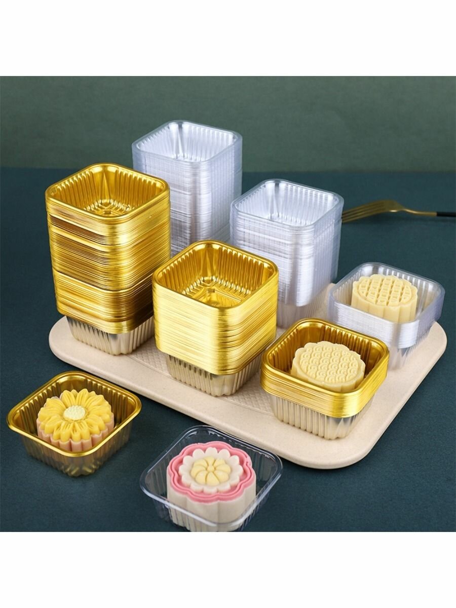 100 прозрачных пластиковых коробок для кексов с куполом идеально для свадеб, дней рождения и десертов (квадратные, золотые/прозрачного цвета)