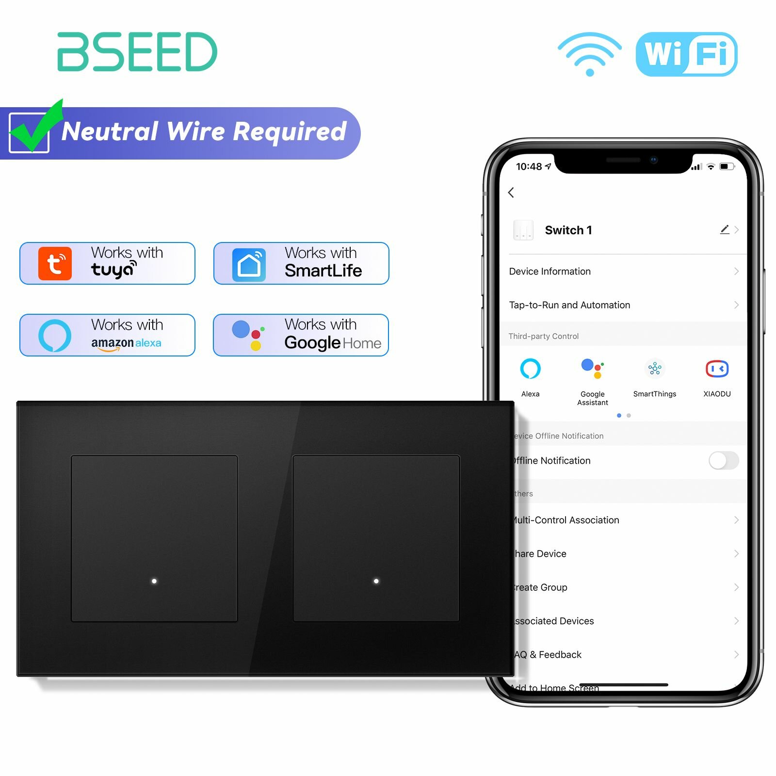Умный Wi-Fi выключатель с Алисой 2 клавиши (1+1 ) стеклянная панель черный 157 мм голосовое управление, Серия E - CLICK двухклавишный для умного дома