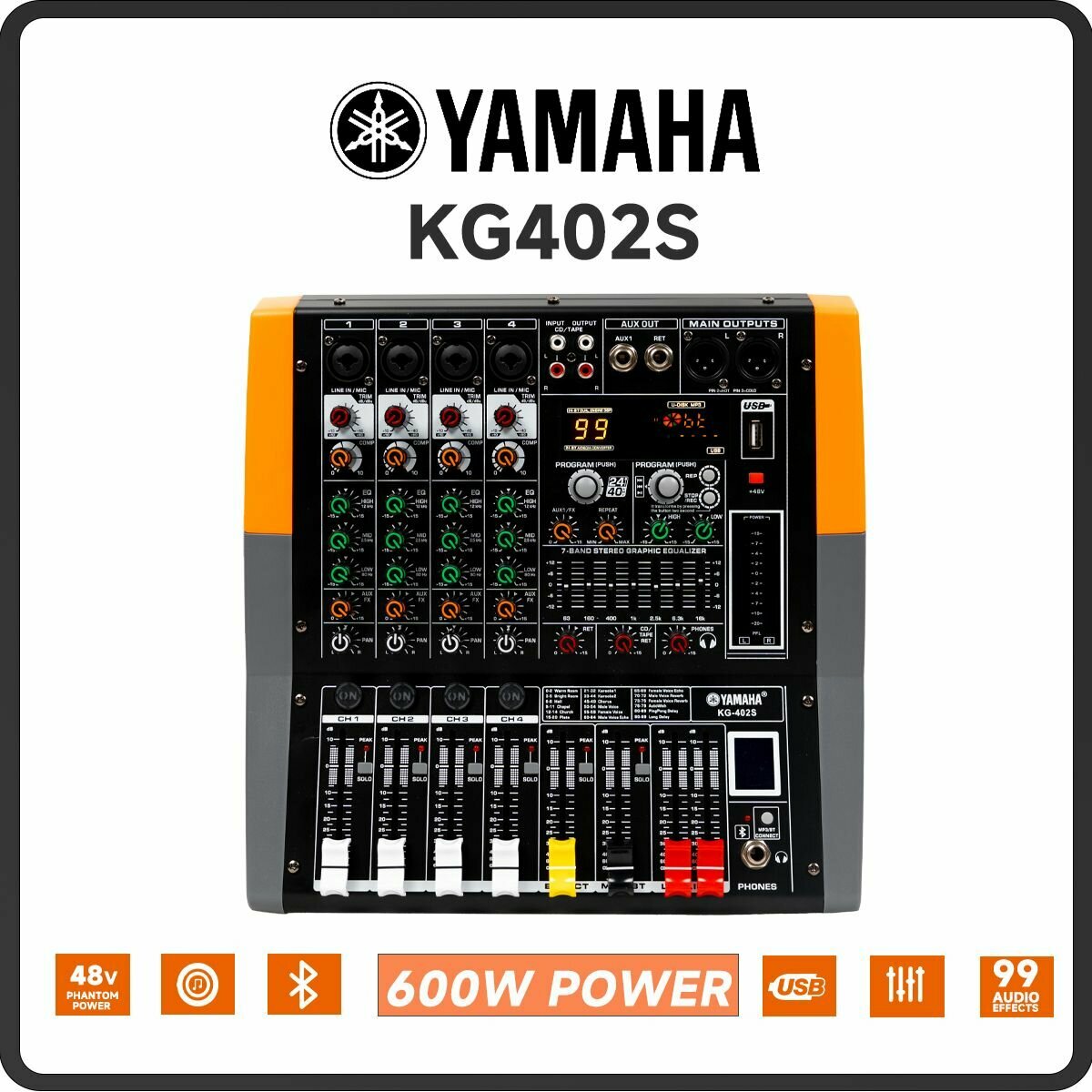 Yamaha KG402S Микшерный пульт 600Вт 4 канала, Bluetooth, USB, 99 эффектов, 48В фантомное питание