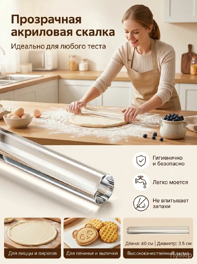 Скалка прозрачная длиной 40 см с диаметром 3 см для раскатки теста — фото 1