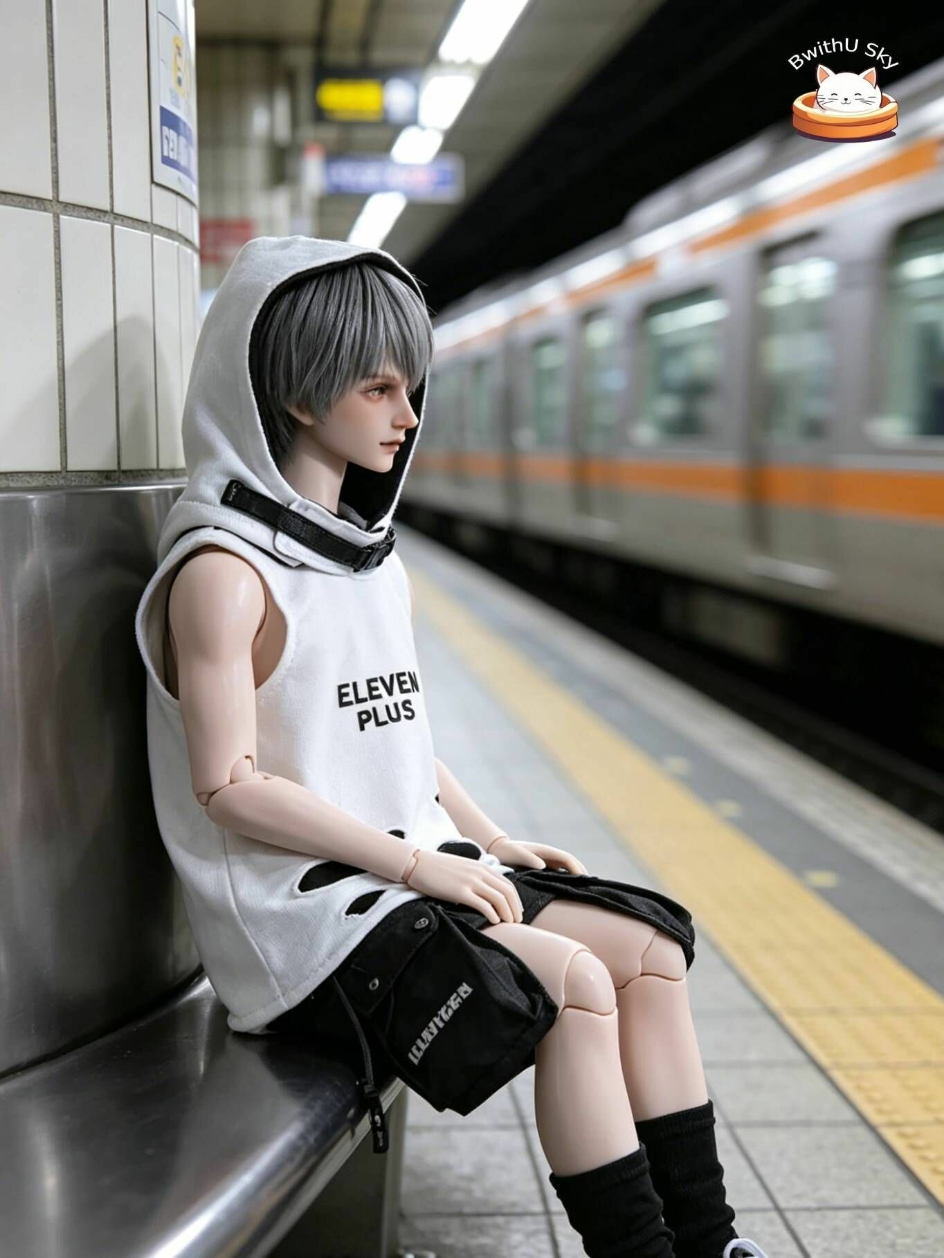 BwithUSky Vince 1/4 BJD Кукла: Белый разорванный топ и черные карго-шорты, стильный уличный образ