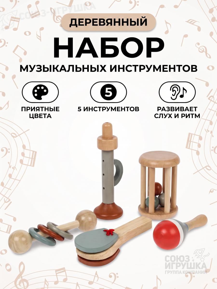 Развивающий набор деревянных музыкальных инструментов для детей, маракас, дудочка, бубен, трещотки, ложка, 21х13х7 см