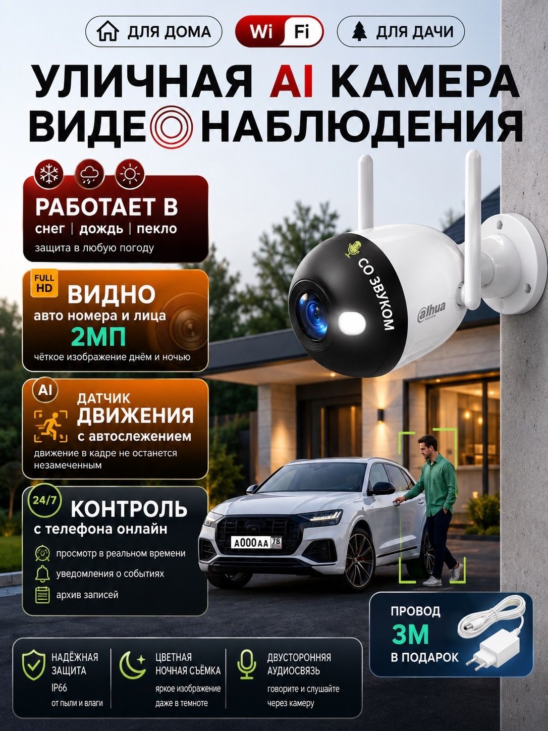 Камера видеонаблюдения WiFi уличная, Smart подсветка, Встроенный микрофон, защита IP67, поддержка карт памяти, ночной режим, датчики движения, звука, освещенности, 2 Мп - DH-IPC-F2CP-LED-0280B