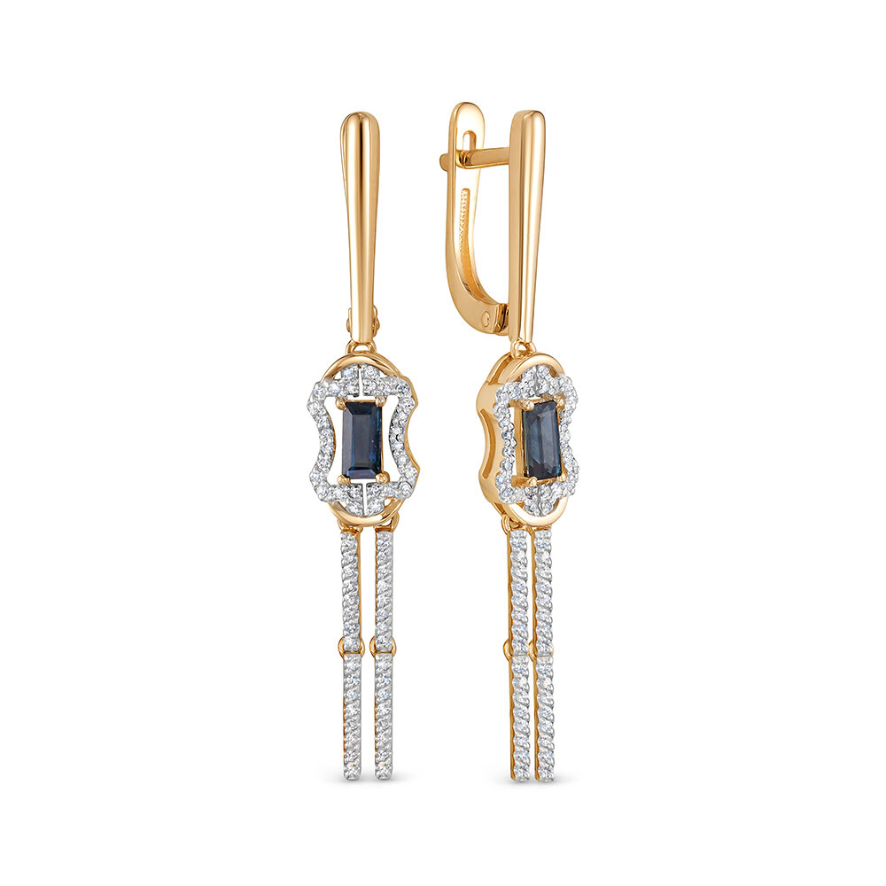 Серьги с подвесками, красное золото, 585 проба, родирование, сапфир