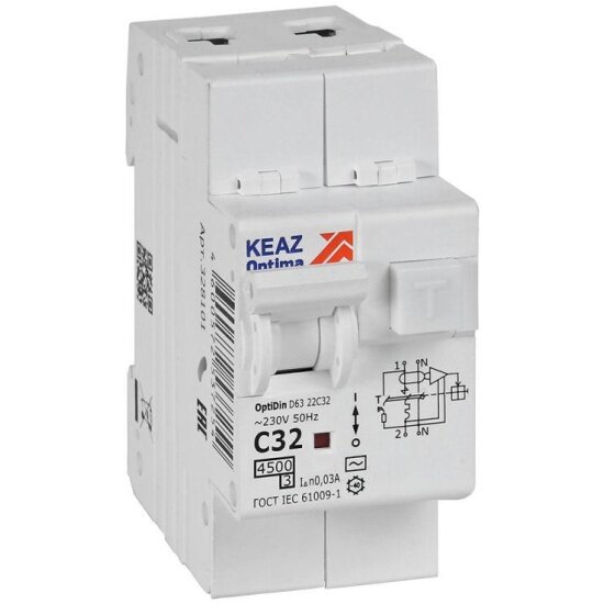 Дифференциальный автомат Кэаз 2п с защитой от сверхтоков OptiDin D63-22C32-AC-У3 C32 30мА 4.5кА, 328101