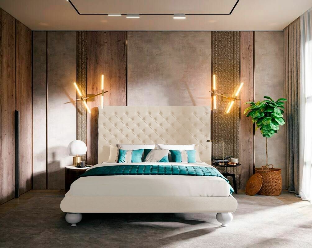 Двуспальная кровать 180x200, Grande Letto, с мягким изголовьем, с ящиком, велюр, слоновая кость