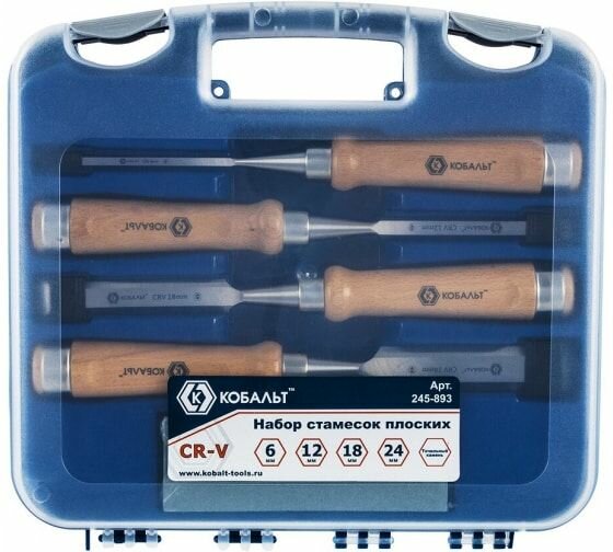 Набор стамесок кобальт плоских: 6, 12, 18, 24 х 140 мм, CR-V, деревянная рукоятка, точильн. камень (4 шт.) кейс