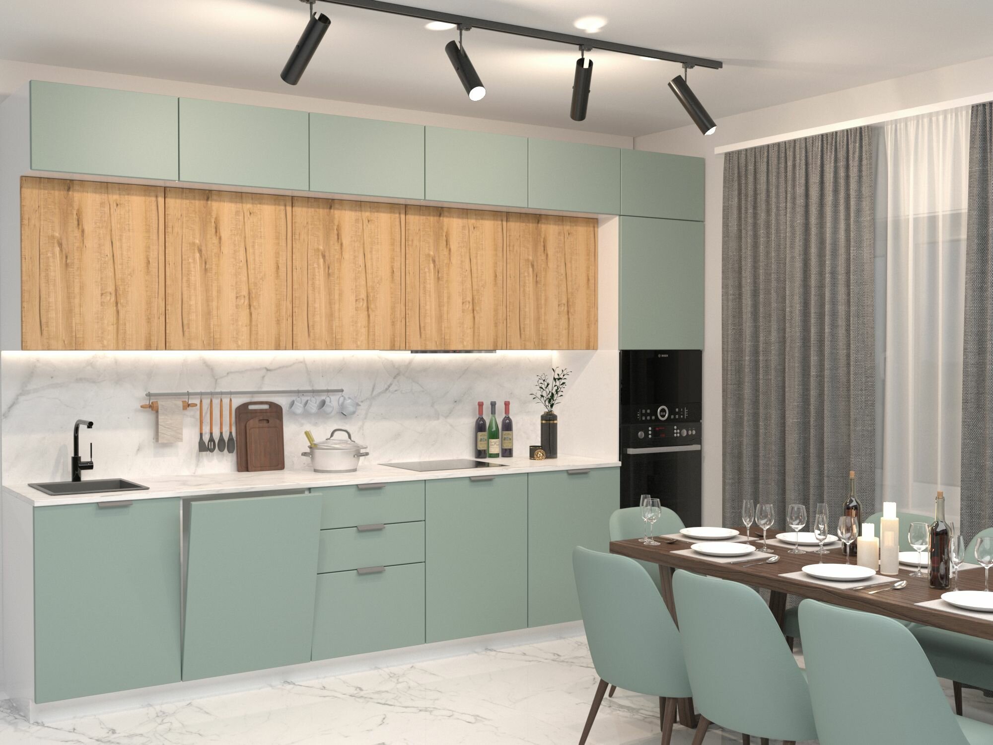 Кухонный гарнитур 3600 мм, Зеленый матовый/ЛДСП Дуб Вотан