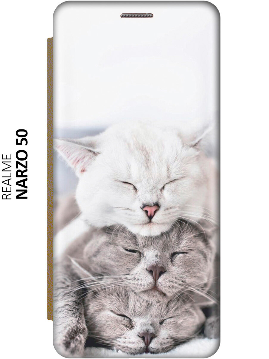 Чехол-книжка Три кота на Realme narzo 50 / Рилми Нарзо 50 золотой
