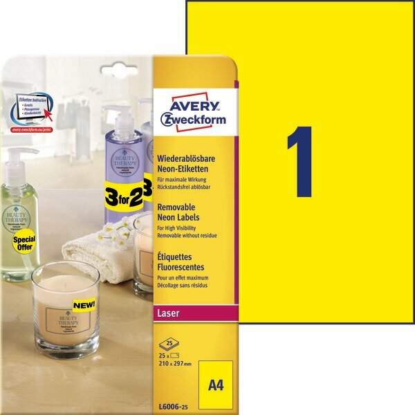 Этикетки Avery Zweckform [L6006-25] самоклеящиеся удаляемые (неоновые желтые, 210x297 мм, 25 шт, 25 листов)