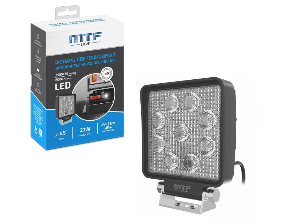 Фонарь светодиодный MTF LIGHT дополнительного освещения 12-60В, 3500лм, 6000К, квадратный, шт.