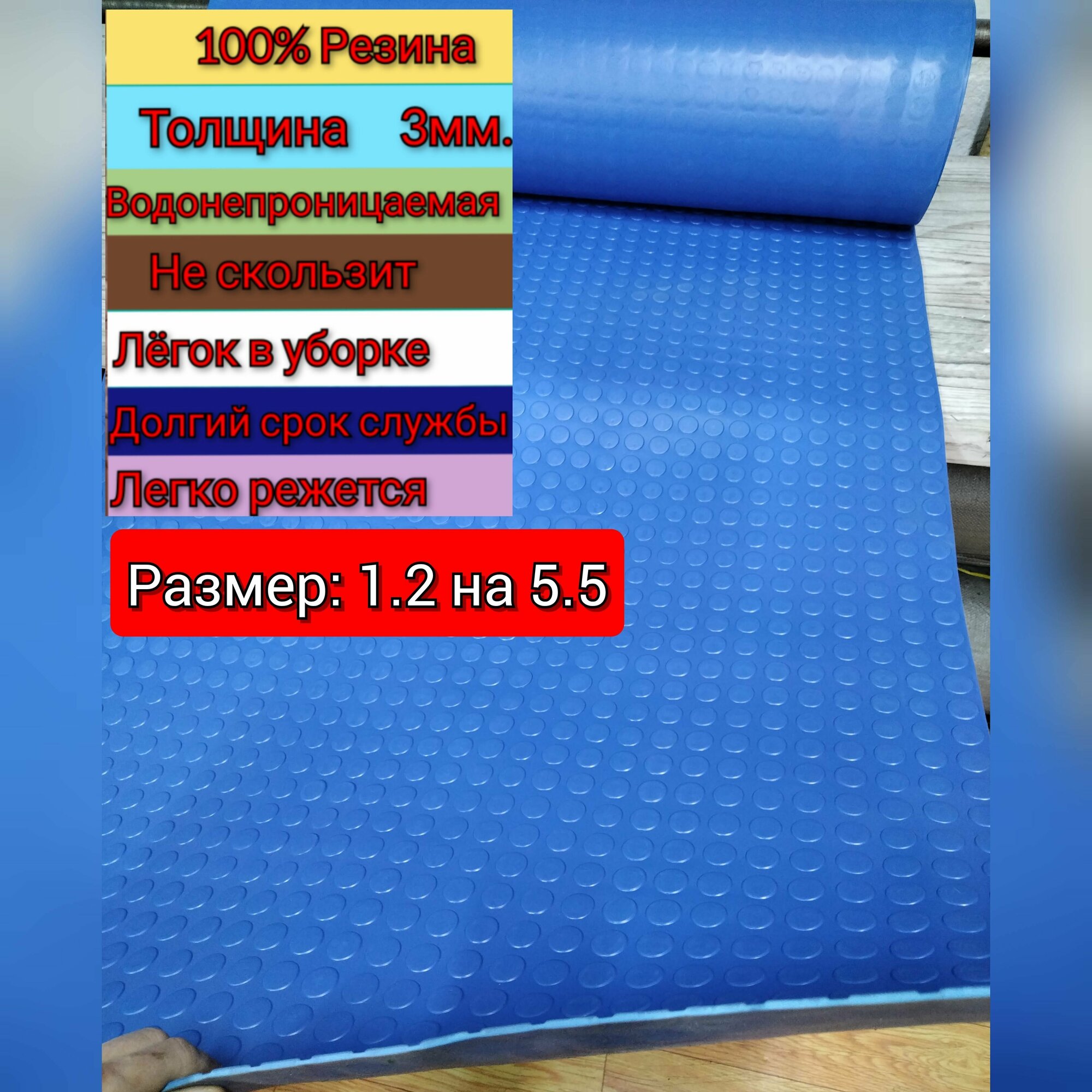 Резиновое покрытие напольное в рулоне 1.2 х 5.5 (Монета, цвет синий) Резиновая дорожка для авто, гаража, ступень, для лифта