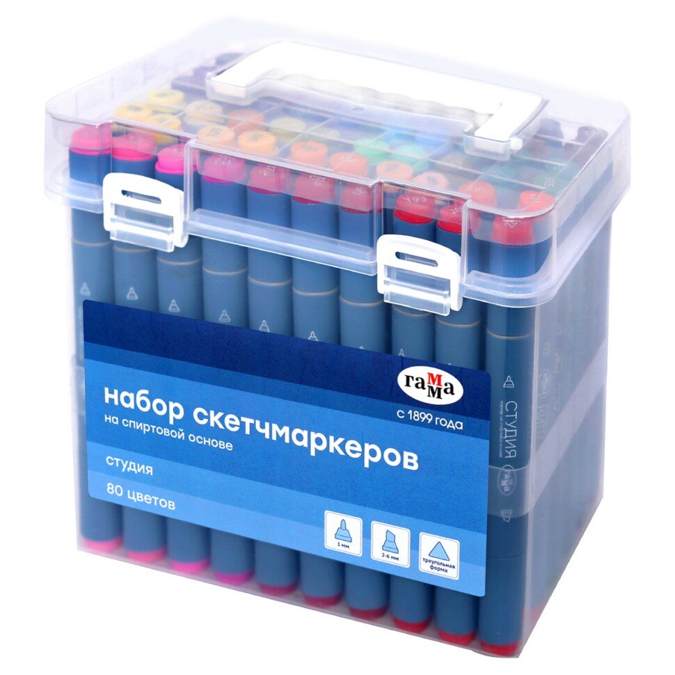 Маркеры на спиртовой основе набор 80 цветов Основные, Студия в пластиковом кейсе, двусторонние, на спиртовой основе, артикул 1204P_80