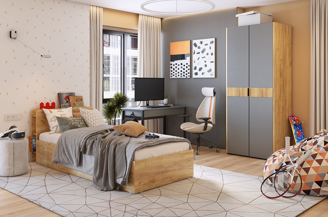 Модульный комплект детской мебели "Адам К1", Дуб крафт золотой/графит/графит, Mebelson