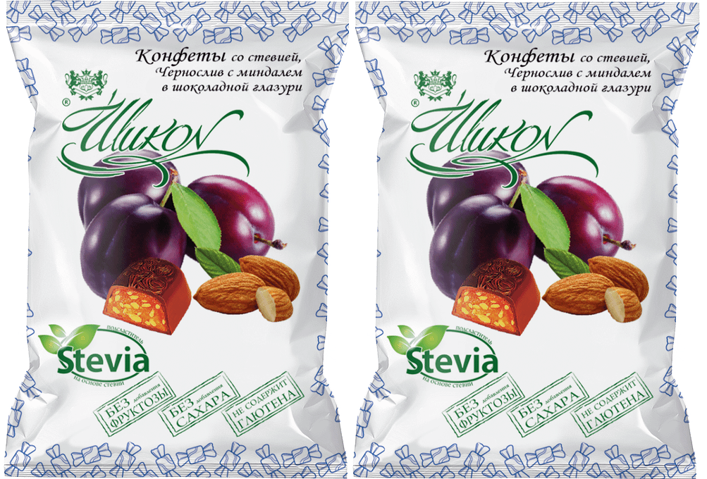 Конфеты со стевией "Чернослив с миндалём в шоколадной глазури", т. м. Шикон, 2 шт по 150 гр