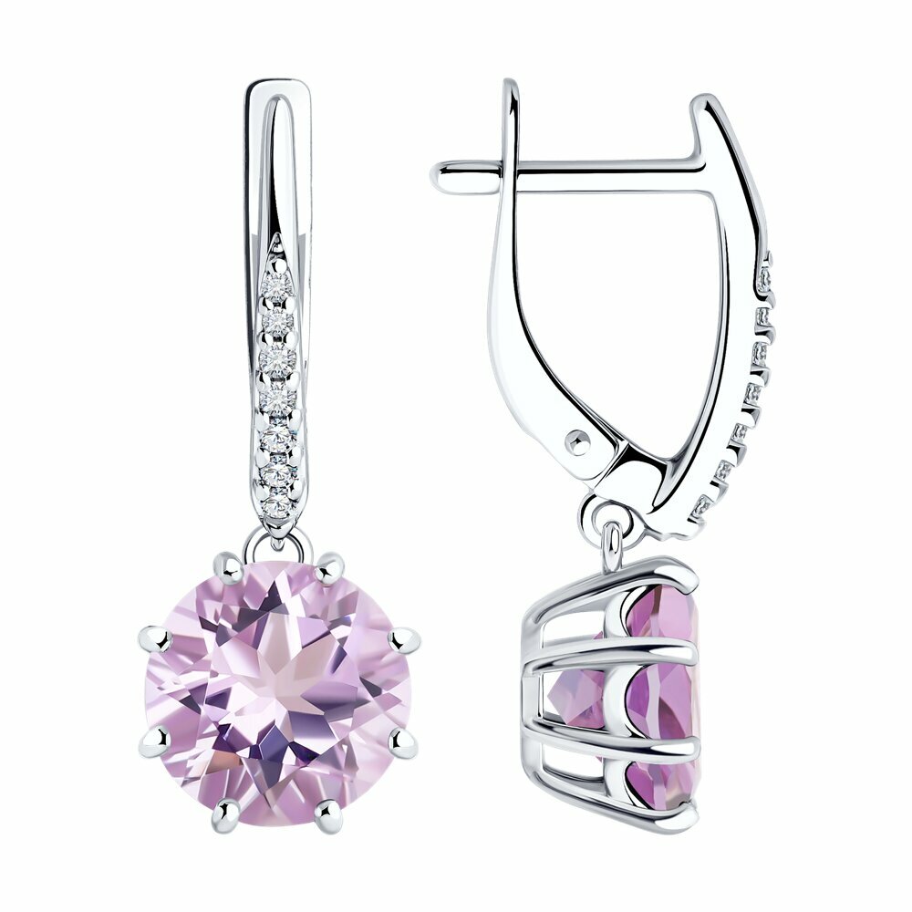 Серьги с подвесками, серебро, 925 проба, родирование, аметист, фианит