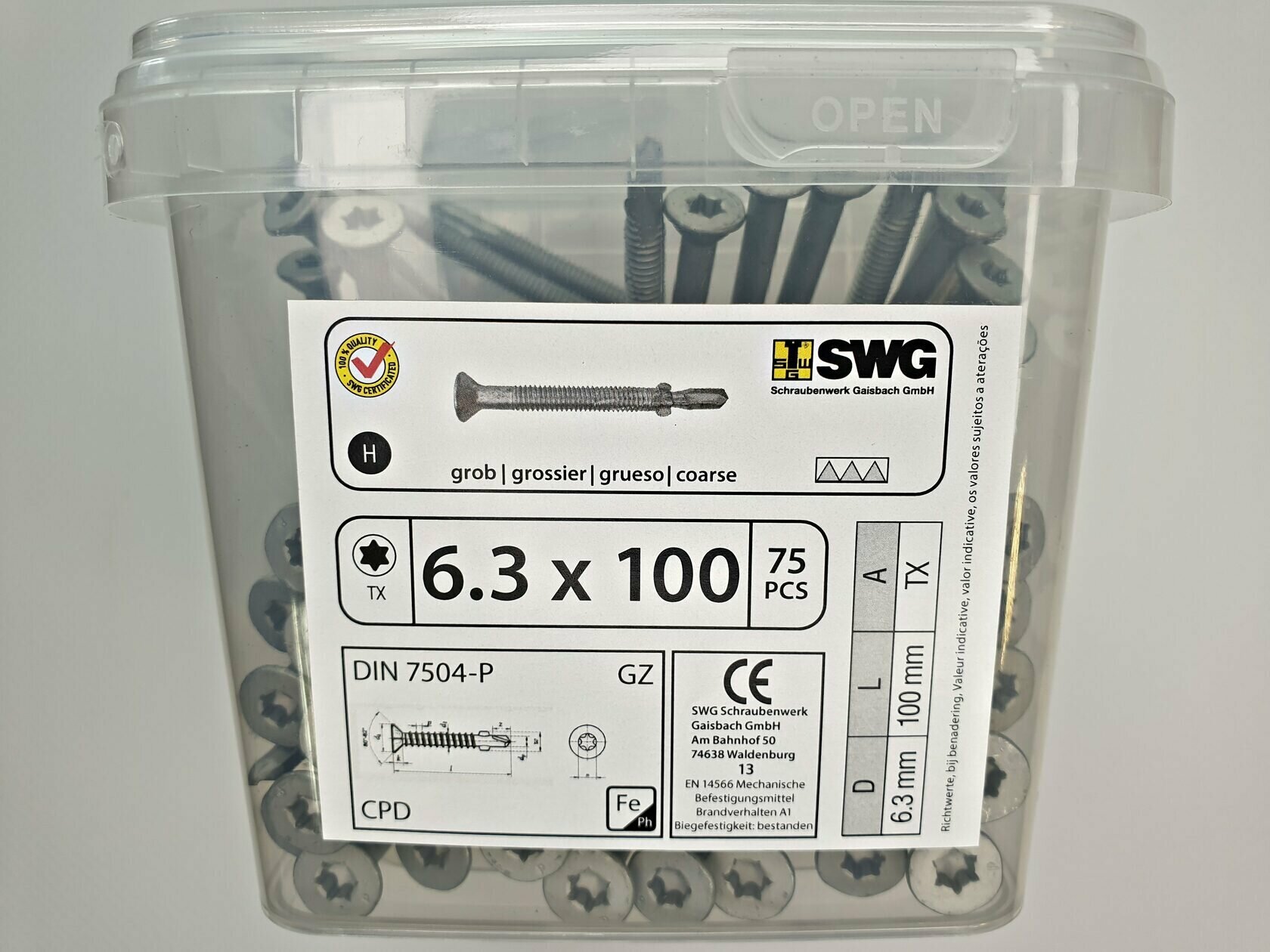 Саморез по металлу DIN 7504-P 6.3x100 (75 pcs) (GZ) (ЦСП) SWG, Германия
