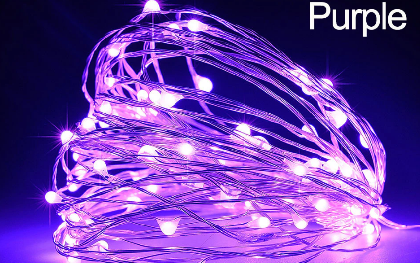 Гирлянда «Нить» 5 м роса, IP20, серебристая нить, 50 LED, свечение фиолетовое, питание от батареек 3АА