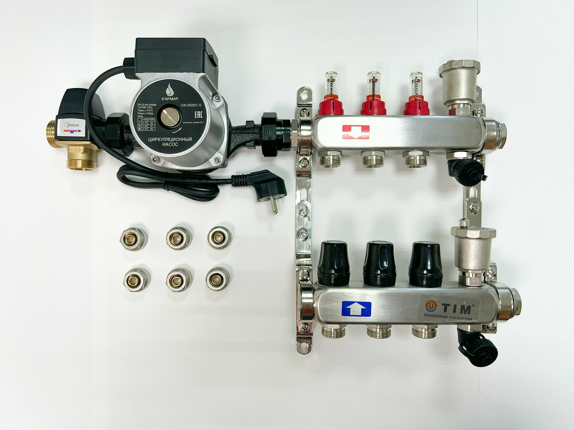 Комплект для водяного теплого пола с насосом (до 40м2): коллектор 3 выхода с расходомерами+термостатический клапан+насос