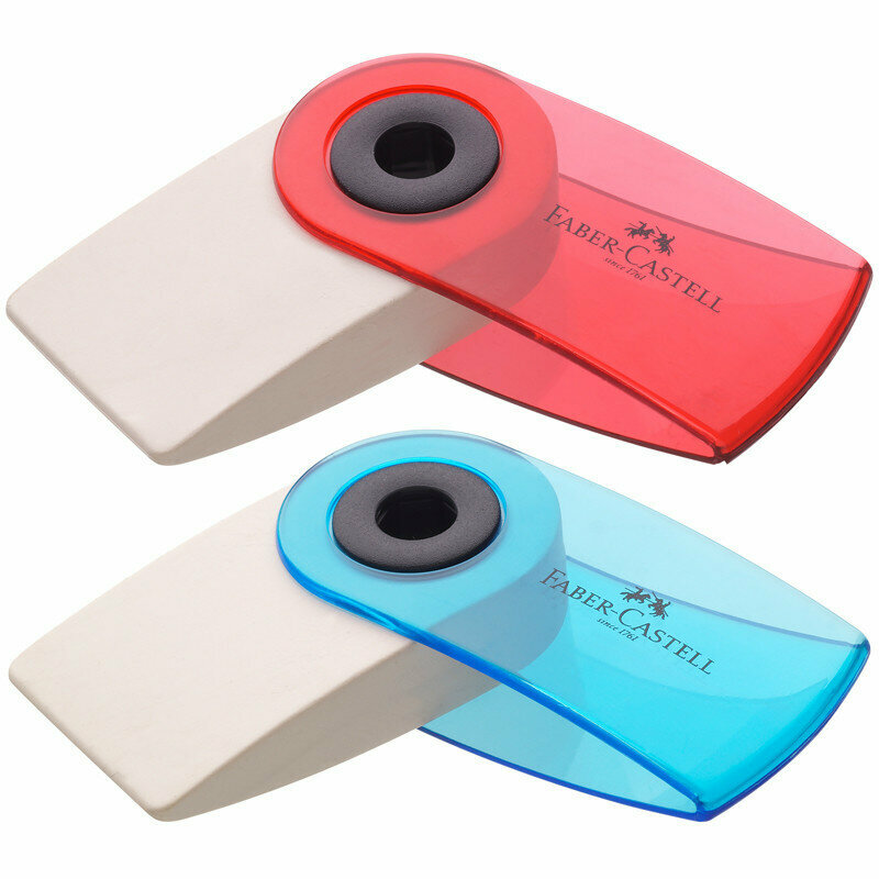 Ластик Faber-Castell "Sleeve Mini", прямоугольный, 54*25*13мм, прозрачный красный/синий/бирюзовый пластиковый футляр, 286075