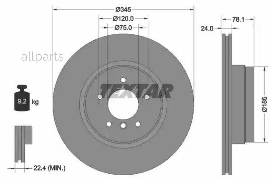 TEXTAR 92161205 Диск тормозной задний с покрытием PRO+ BMW X5-E70/F15/F85 06-18 / X6-E71/E72/F16/F86 07-> TEXTAR 92161205
