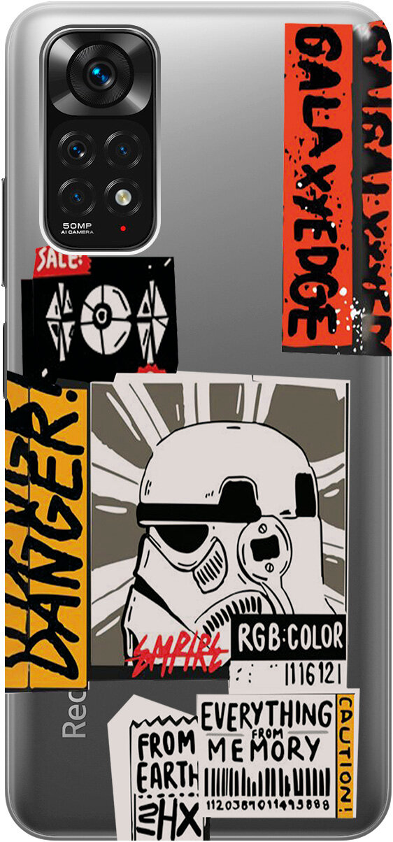 Силиконовый чехол на Xiaomi Redmi Note 11, Note 11S, Сяоми Редми Ноут 11, Ноут 11С с 3D принтом "Stormtrooper Stickers" прозрачный