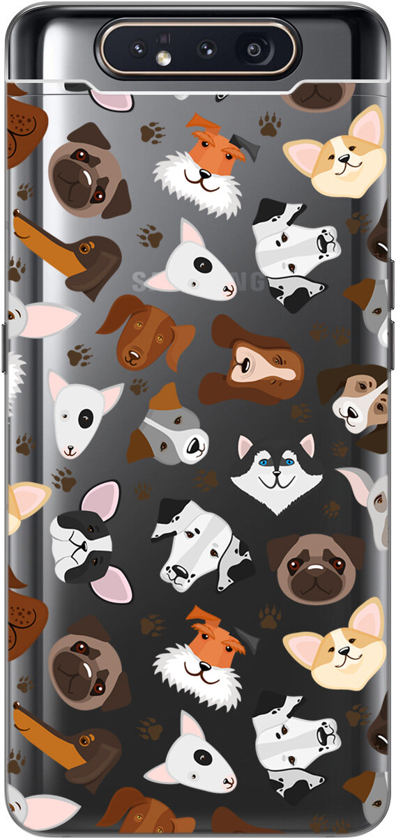 Силиконовый чехол на Samsung Galaxy A80, A90, Самсунг А80, А90 с 3D принтом "Dogs Pattern" прозрачный