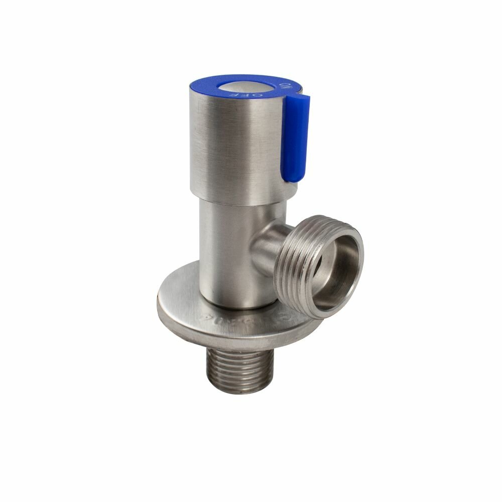 Кран MAGNUS 9271 сатин угловой 1/2"х3/4" синяя ручка с отражателем
