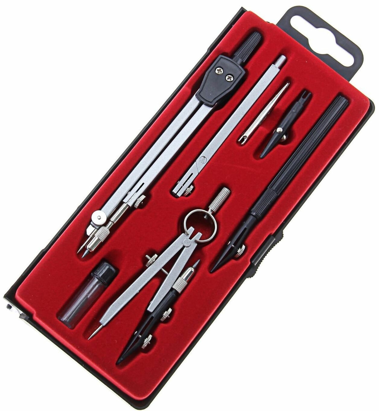 Готовальня для черчения из 7 предметов (циркуль, кронциркуль, грифель, рейсфедер, ручка-удлинитель с рейсфедором, удлинитель к чертёжному циркулю, центрик), чертежный набор в металлическом пенале