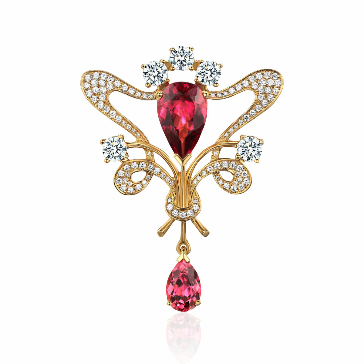 Брошь, желтое золото, 750 проба, турмалин, бриллиант, сапфир, рубеллит