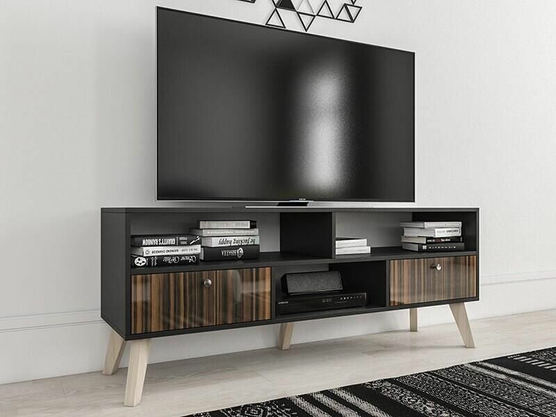 Тумба под ТВ в гостиную "Парма 11" 150х60х40, черный / зебрано глянец