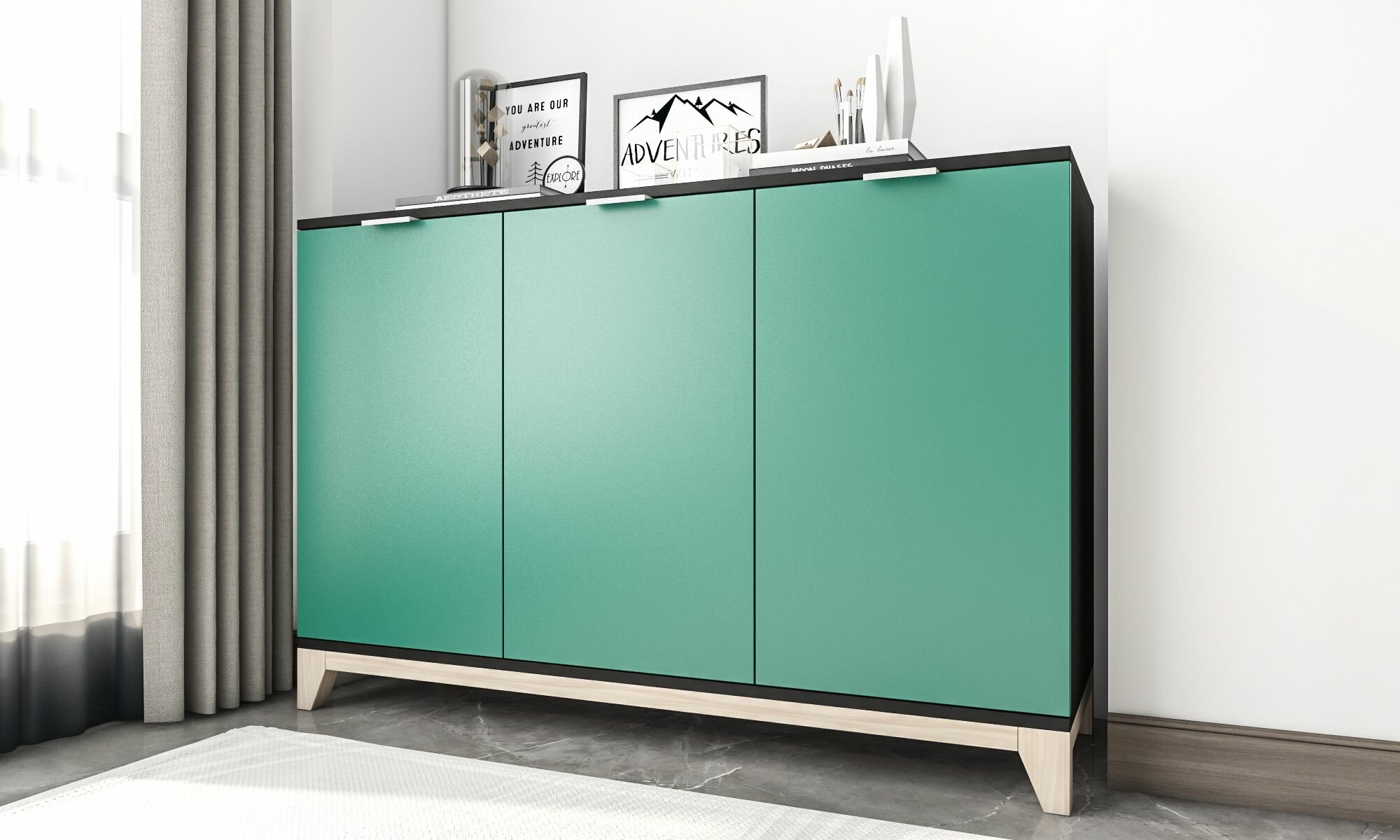 Комод с полками "Хельга 24" МДФ 120х80х45 Черный / Аквамарин