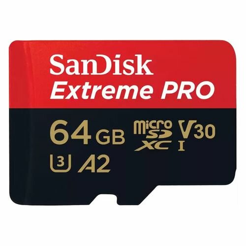 Карта памяти microSDXC UHS-I U3 Sandisk Extreme Pro 64 ГБ, 200 МБ/с, Class 10, SDSQXCU-064G-GN6MA, 1 шт, переходник SD