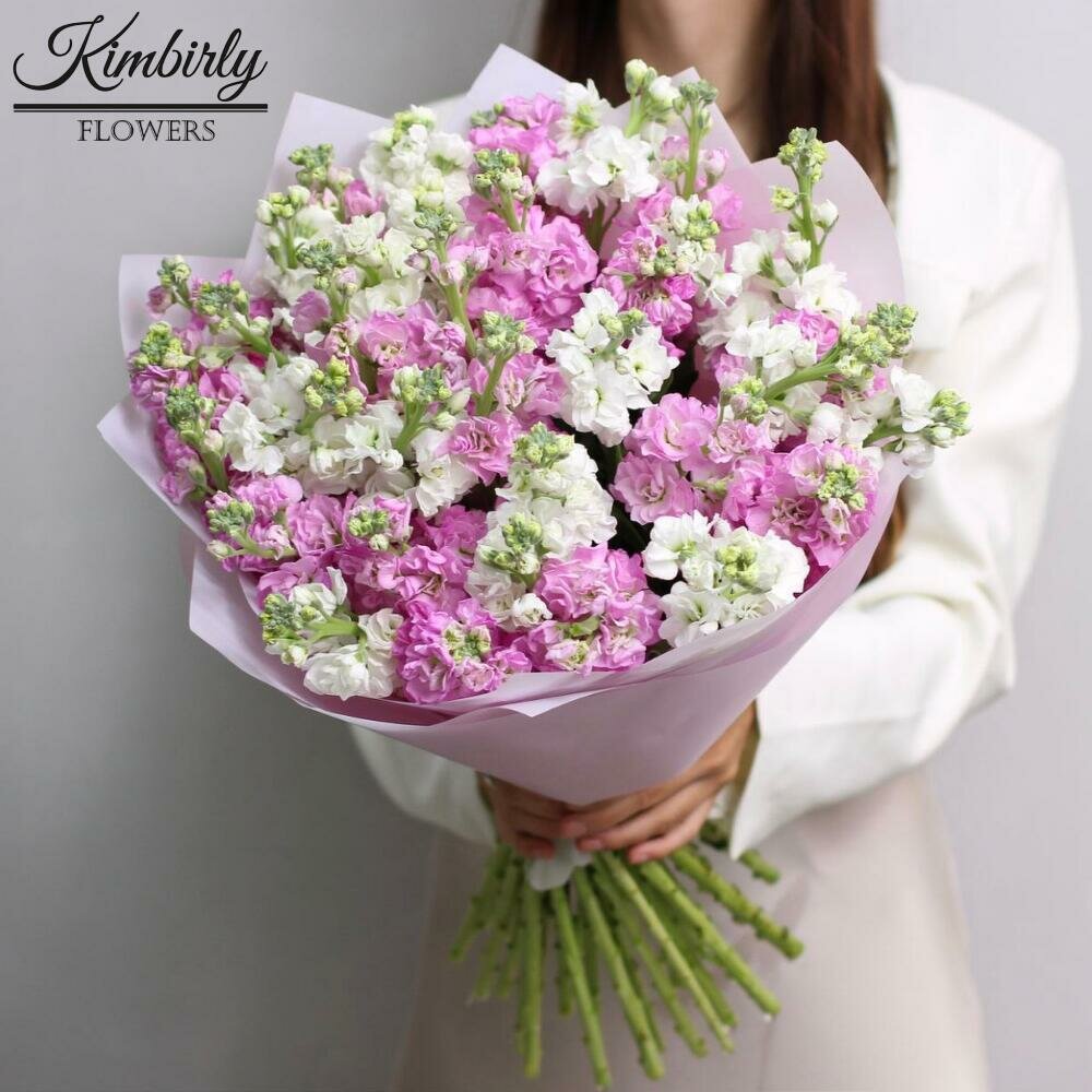 Букет живых цветов из ароматной маттиолы, 35 шт, цвет белый, розовый, арт 69