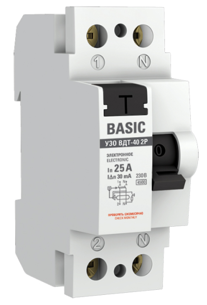 Устройство защитного отключения EKF / ЕКФ Basic ВДТ-40 двухполюсный, в пластиковом корпусе, белый, 25A 30мА IP20 тип AC, elcb-2-25-30e-sim / УЗО