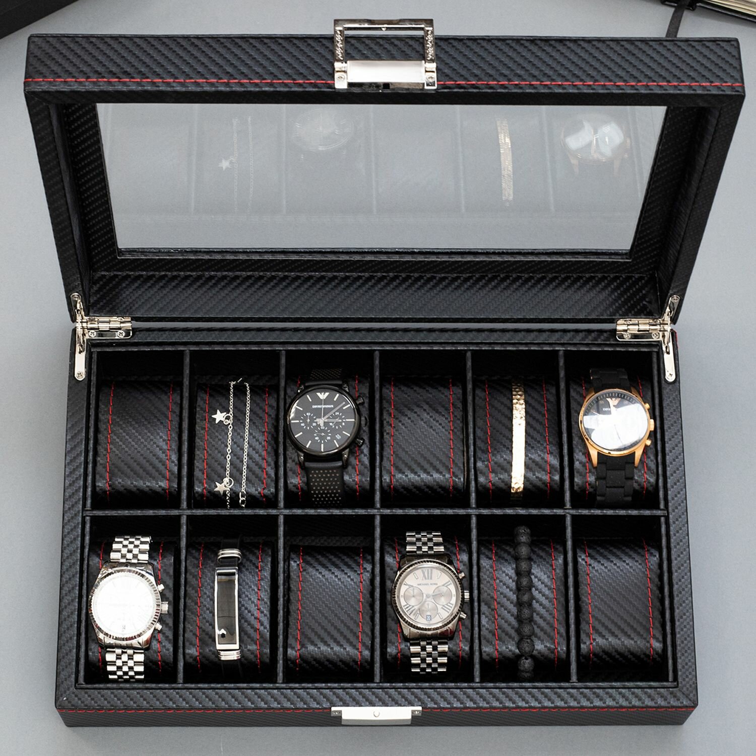 Шкатулка для часов, деревянная шкатулка для часов и украшений со стеклом, экокожа черная