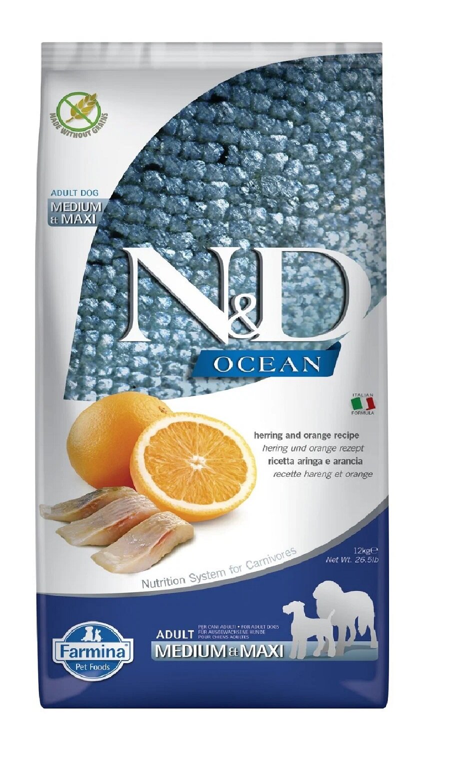 Корм сухой Farmina ND Ocean Dog Herring Orange Adult MEDIUM MAXI для взрослых собак средних и крупных пород сельдь и апельсин 12кг