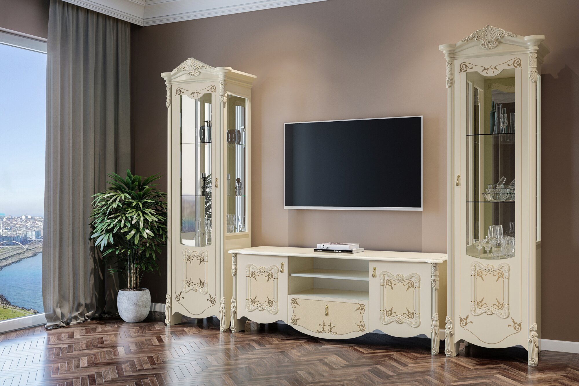 Гостиная Рафаэлла цвет: слоновая кость матовый (шкаф-витрина 1дв. 2шт, тумба под тв)