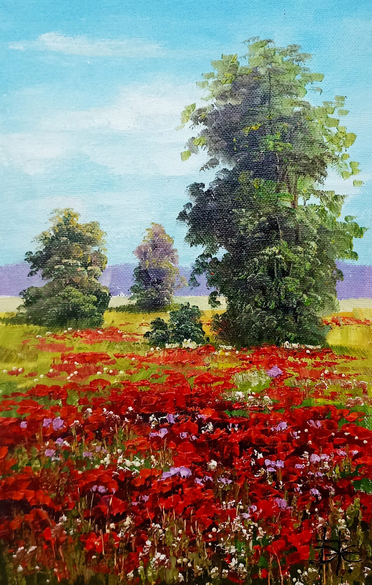 Картина масло/холст. 100% ручная работа, 100% живопись от Художественной мастерской Грëзы. Импрессионизм. Летний пейзаж. Маки. 20х30 см