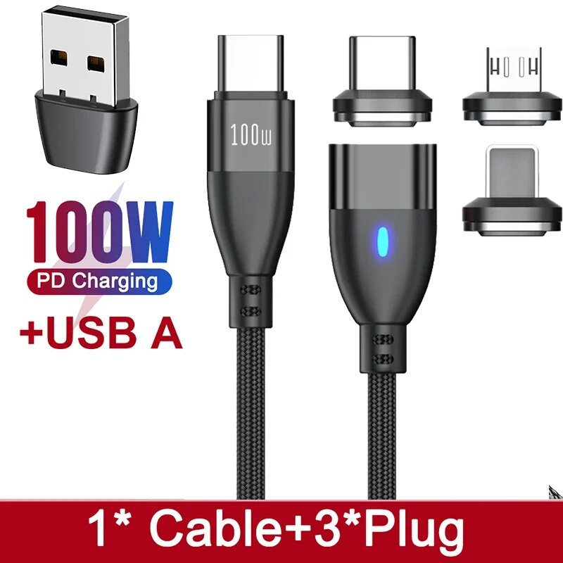 3-в-1 магнитный кабель USB Type-C/Micro USB/USB-A 100W, 1.8 м, черный