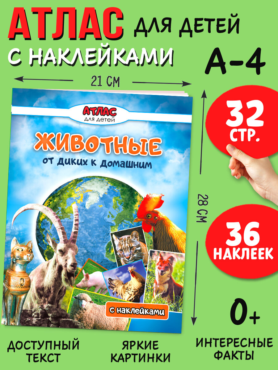 Атлас Алтей-Бук "Животные от диких к домашним", 32 стр, с наклейками