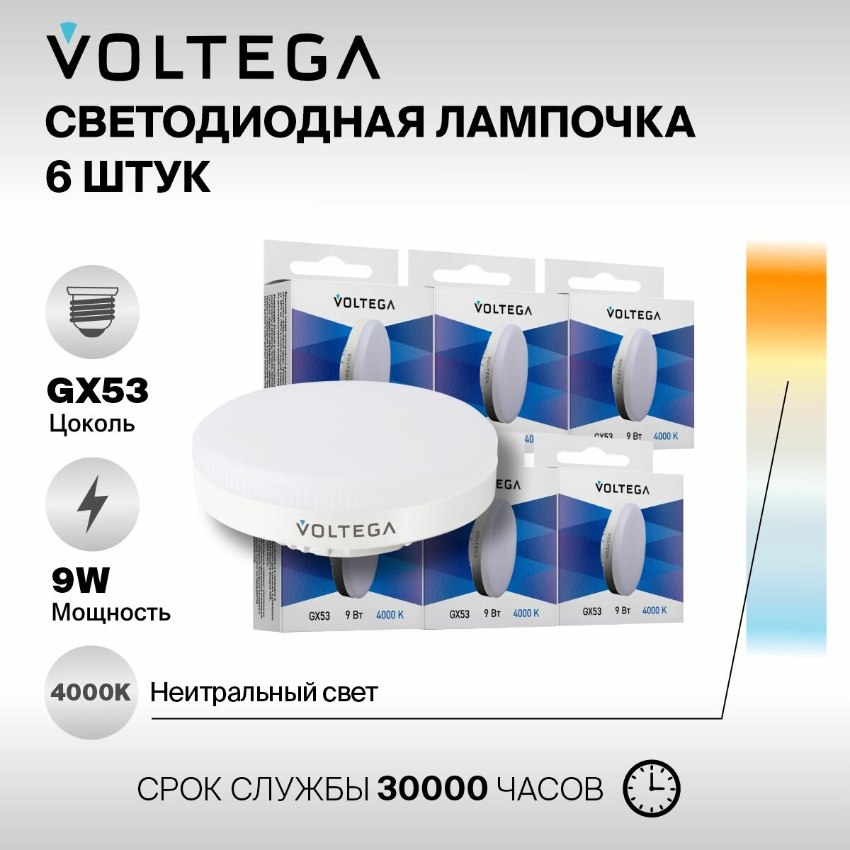 Лампочка светодиодная GX53 форма таблетка 9W нейтральный свет Voltega Simple 4000K упаковка 6 шт.
