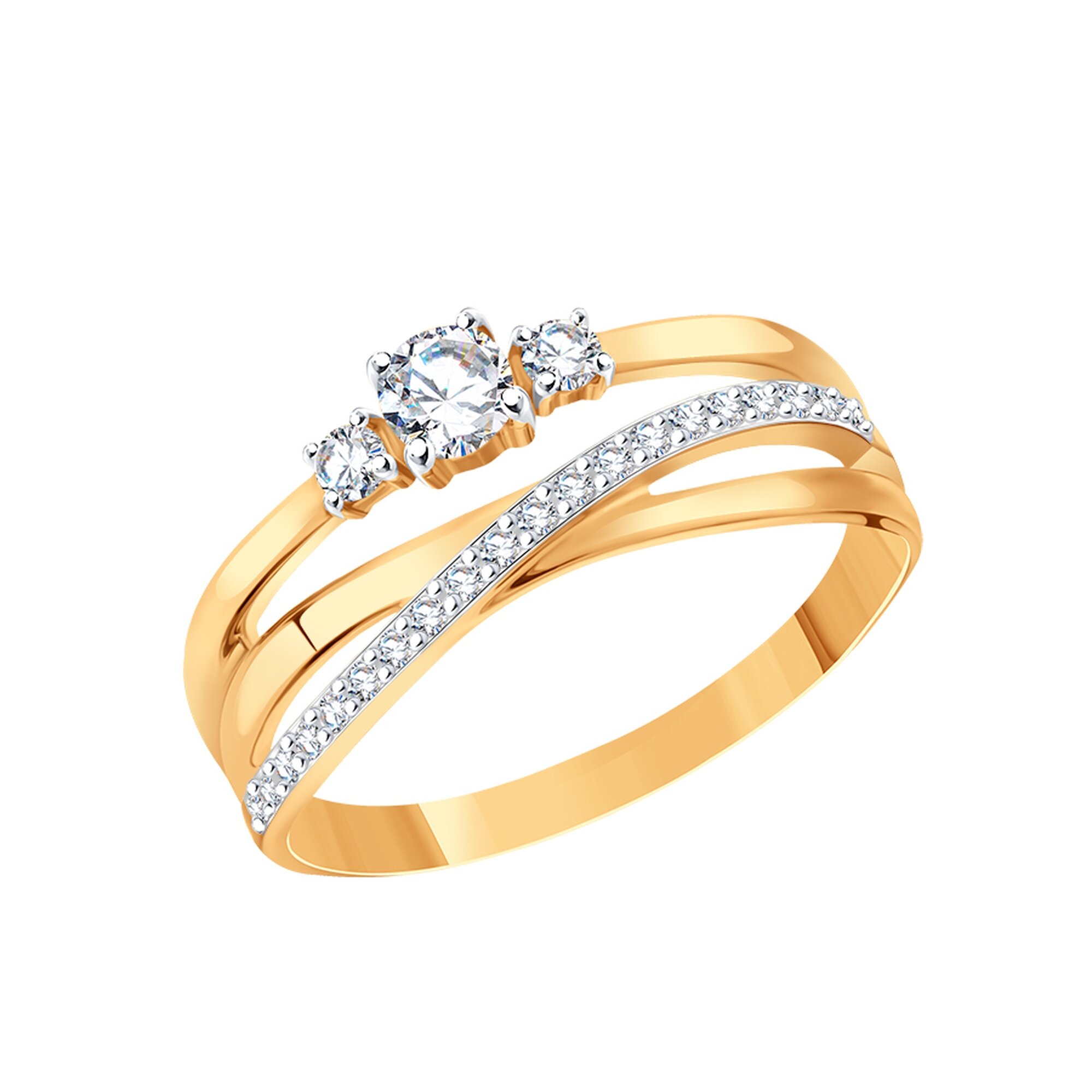 Кольцо широкое, красное золото, 585 проба, фианит