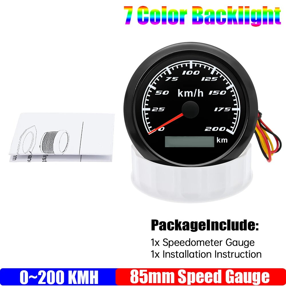 85 мм аналоговый импульсный спидометр с 7-цветным светодиодным водонепроницаемым измерителем скорости Импульсный сигнал для автомобиля, лодки, морской пехоты 12 В 24 В по индивидуальному заказу 200KMH BN