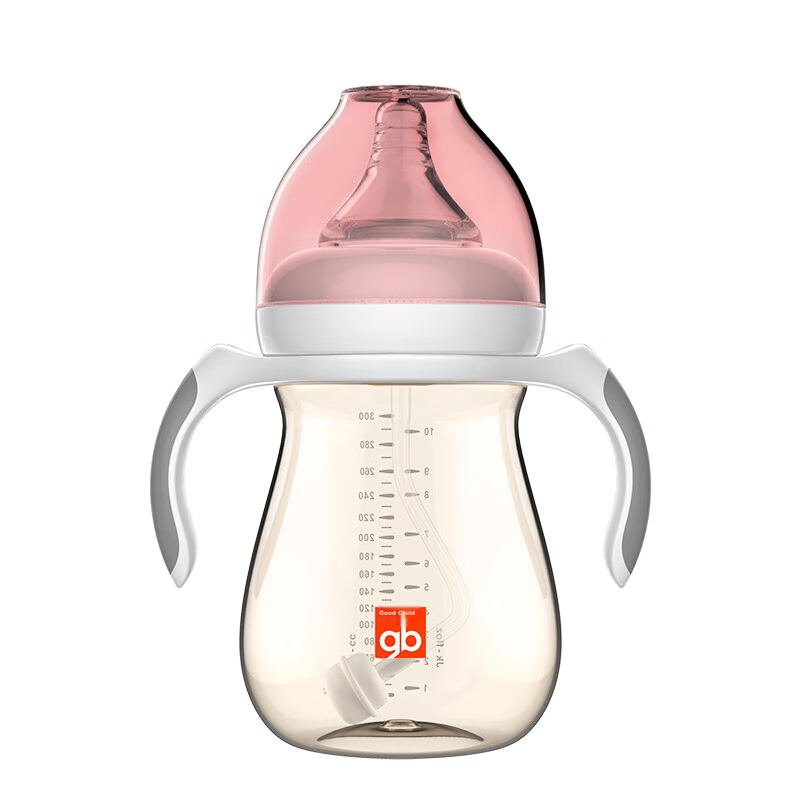Goodbaby (Gb) PPSU Baby Bottle, Wide Neck, with Handle And Straw, Xiaohuemo Series, 300ml, Pink, 6 Months+
