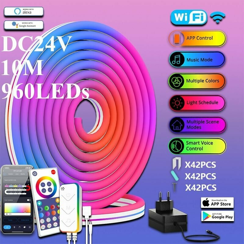 Умная жизнь WiFi фото неоновая веревка, 10 м 960 светодиодов, Светодиодная лента из силикона с питанием от USB, RGBIC, Гибкая лента с управлением через приложение IP67 для самостоятельного стайлинга