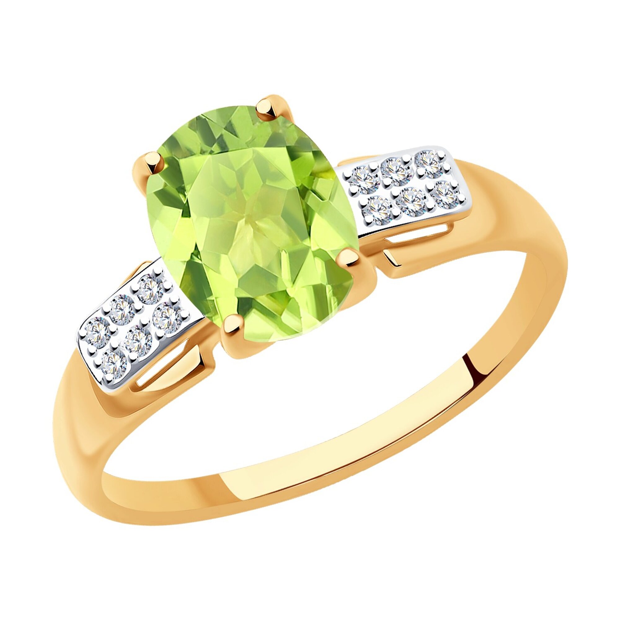 Кольцо, красное золото, 585 проба, хризолит, фианит