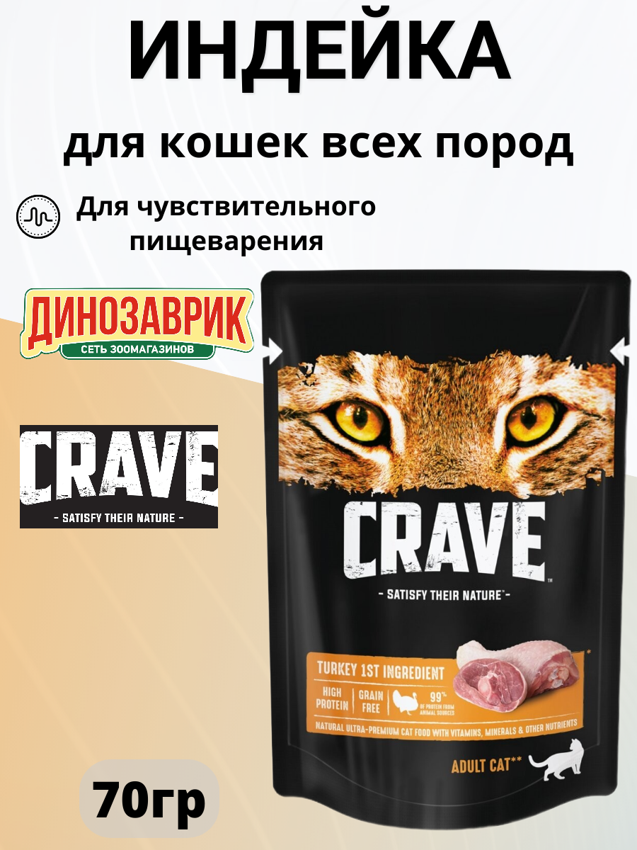 Влажный корм CRAVE для взрослых кошек, с индейкой (пауч) 70гр